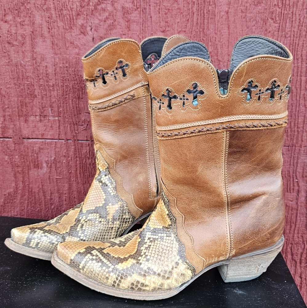 Brown And Snake Print Western Boots - Gem